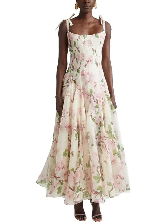 Oscar De La Renta Cherry Blossom Print Pleated Organza Gown - Pink/ Ivory