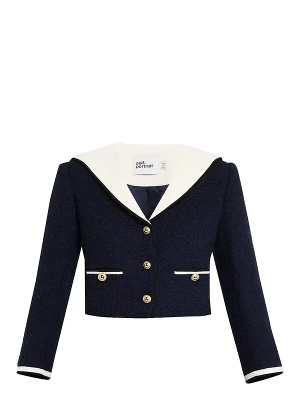 SELF-PORTRAIT Bouclé Jacket With Contrast Collar - Blue