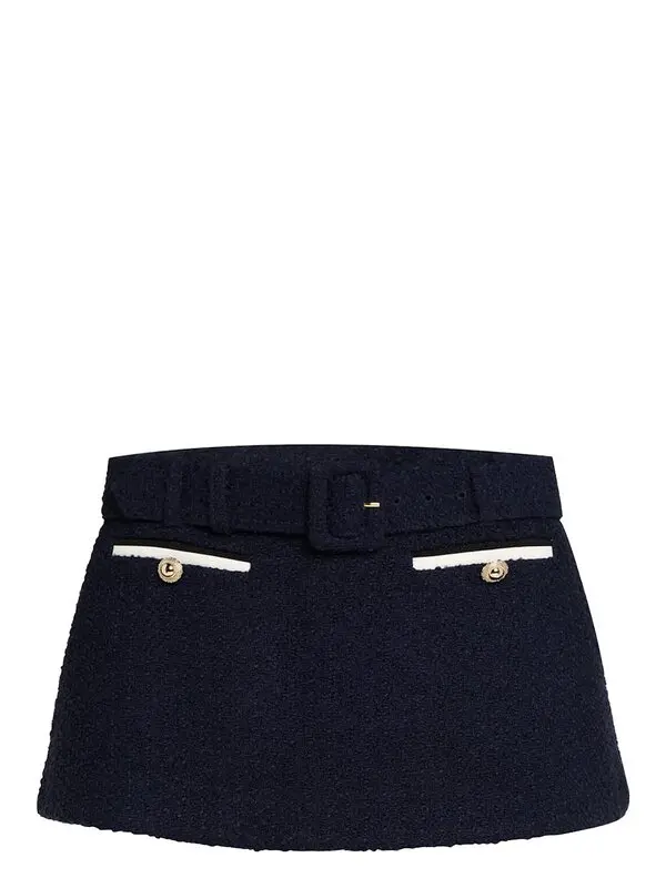 SELF-PORTRAIT Belted Boucle Skort With Button Details - Blue