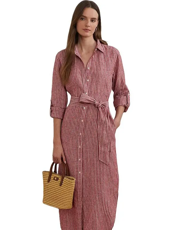 Ralph Lauren Striped Linen Shirt Dress - Light Red/white