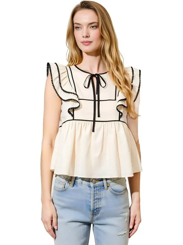 MODENAIRE Ruffle Sleeve Peplum Top With Contrast Trim - Ivory