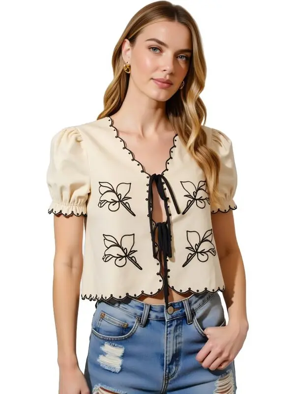MODENAIRE Puff Sleeve Floral Embroidered Blouse - Ivory / Black