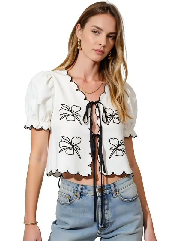MODENAIRE Puff Sleeve Floral Embroidered Blouse - White