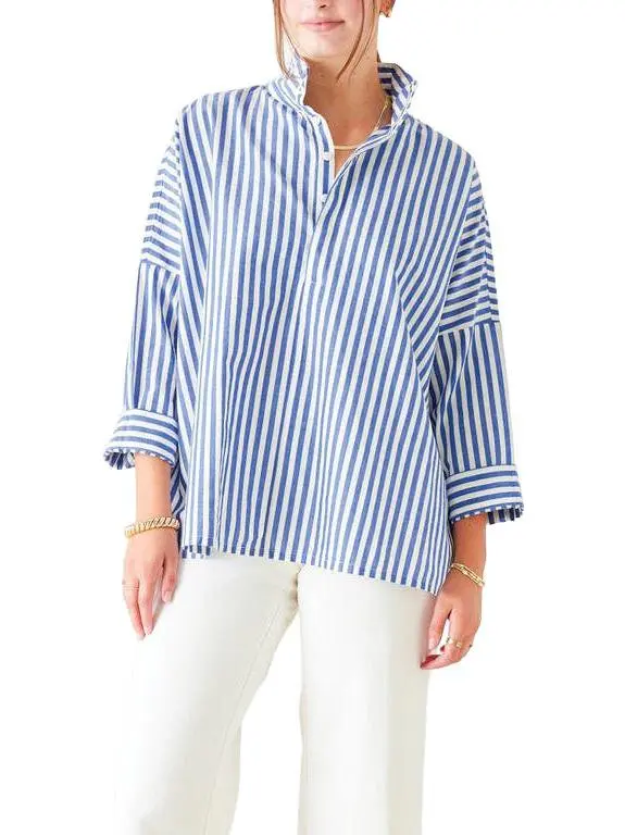 VOYAGEUR BY MERSEA Emerson Pop-up Collar Top - Marina Blue Stripe