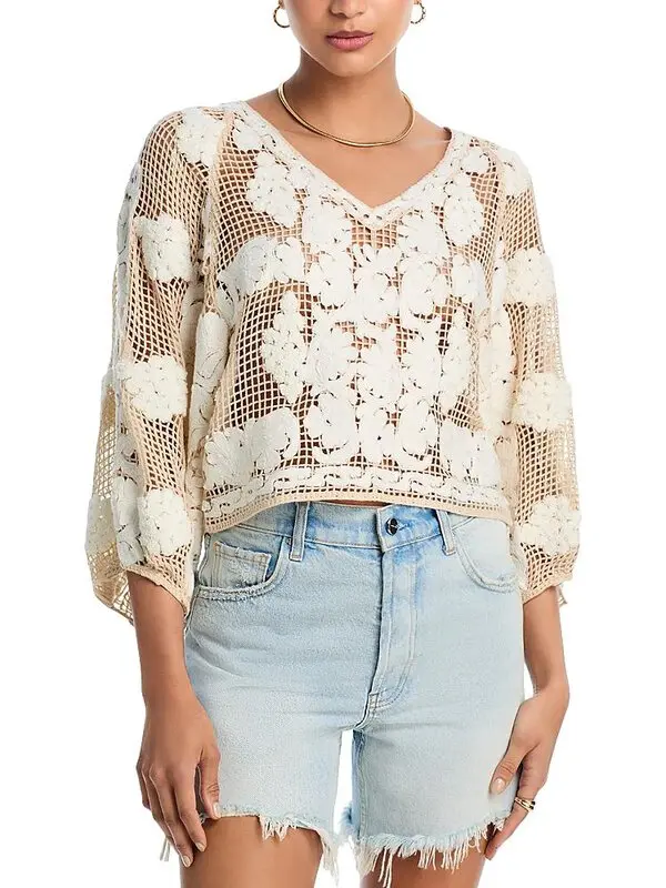Aqua Crochet Top - White/tan