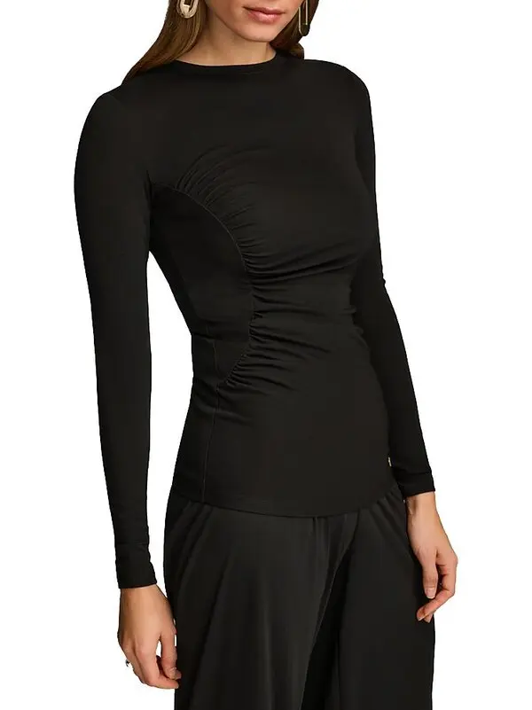 Donna Karan New York Long Sleeve Gathered Stretch Crepe Tee - Black