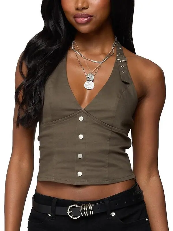 EDIKTED Keli Buckle Halter Top - Olive