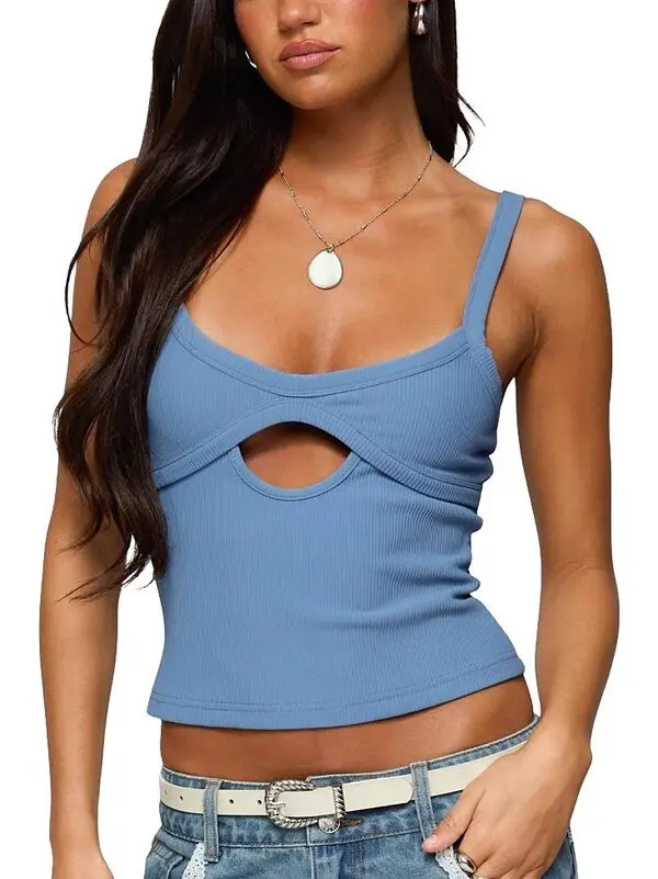 EDIKTED Karin Cut Out Ribbed Tank Top - Blue