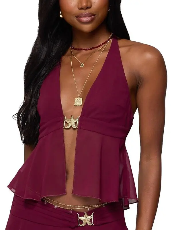 EDIKTED Sea Star Chiffon Split Front Top - Burgundy
