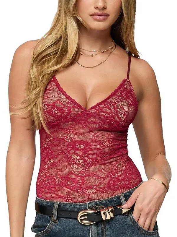 EDIKTED Nolyn Sheer Lace V-neck Top - Burgundy