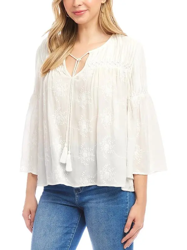 Karen Kane Embroidered Pin Tuck Top - Off White