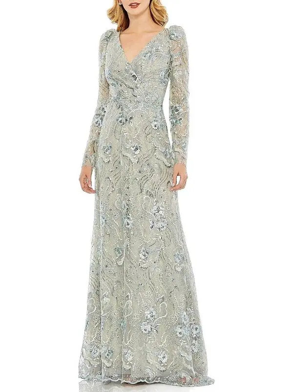 Mac Duggal Embroidered Trumpet Gown With Puff Sleeves - Seafoam