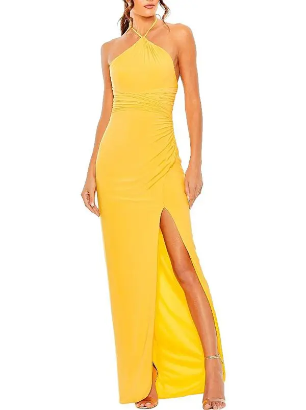 Mac Duggal Halter Neck Ruched Slit Gown - Marigold