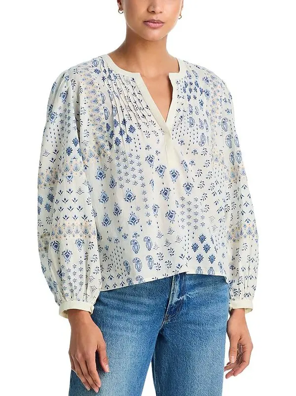 Aqua Floral Popover Top - Ivory/blue
