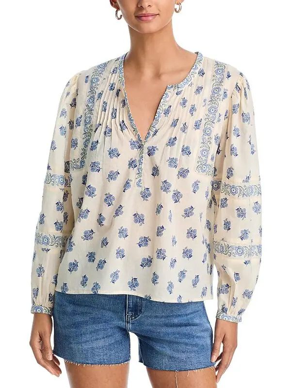 Aqua Floral Popover Top Exclusive - Navy