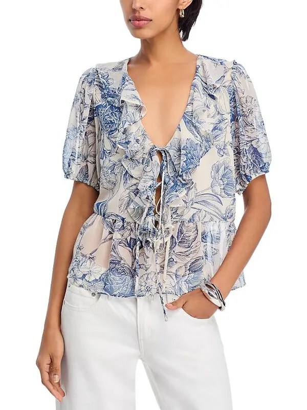 Aqua Floral Toile Ruffle Short Sleeve Top - White Blue