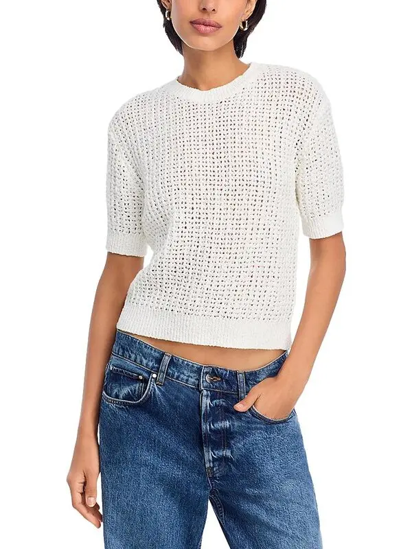 Aqua Open Knit Crochet Short Sleeve Sweater - White