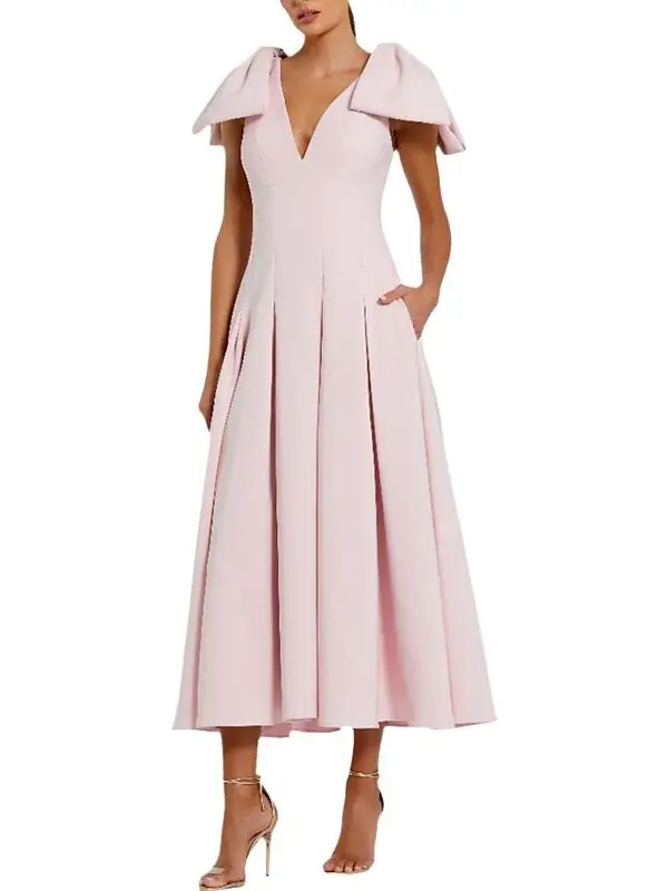 Mac Duggal Crepe A-line Midi Dress With Bow Straps - Blush
