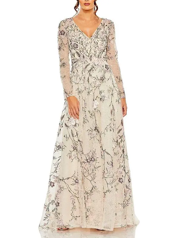 Mac Duggal V-neck Long Sleeve Embroidered Gown - Blush
