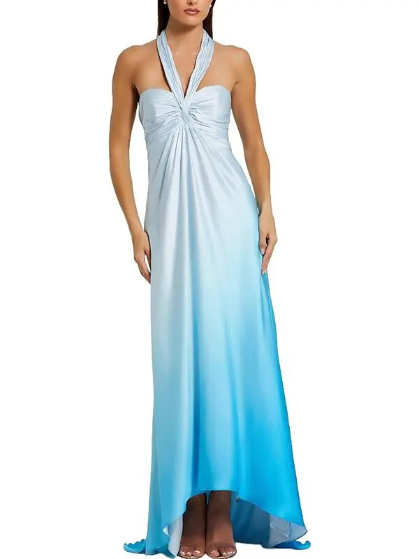Mac Duggal Charmeuse Tie Halter Neck Ombre Gown - Blue Ombre