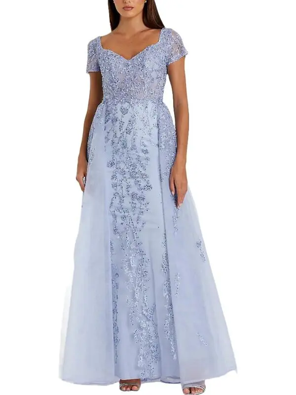 Mac Duggal Cap Sleeve Beaded Embroidered Overskirt Gown - Powder Blue