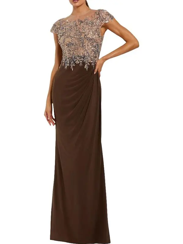 Mac Duggal Jersey Gown With Crystal Applique - Chocolate