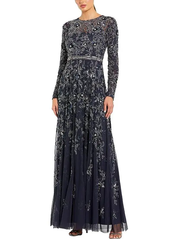 Mac Duggal Long Sleeve Floral Embellished Mesh A-line Gown - Midnight