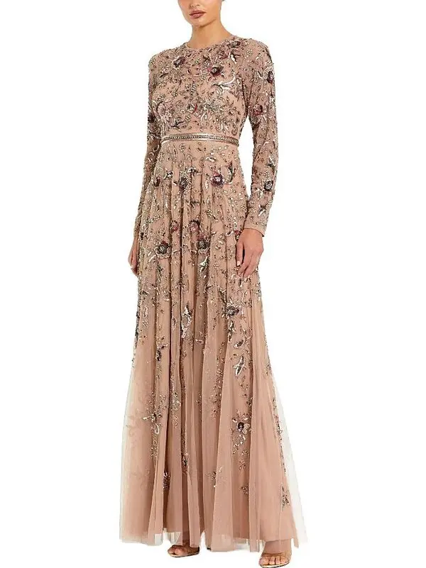 Mac Duggal Long Sleeve Floral Embellished Mesh A-line Gown - Mocha