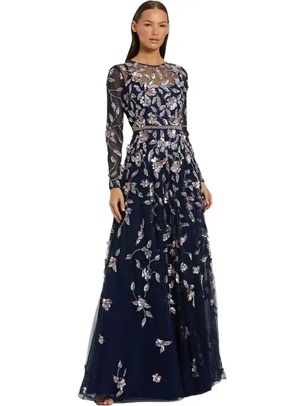 Mac Duggal Long Sleeve Floral Applique Mesh Gown - Midnight Multi