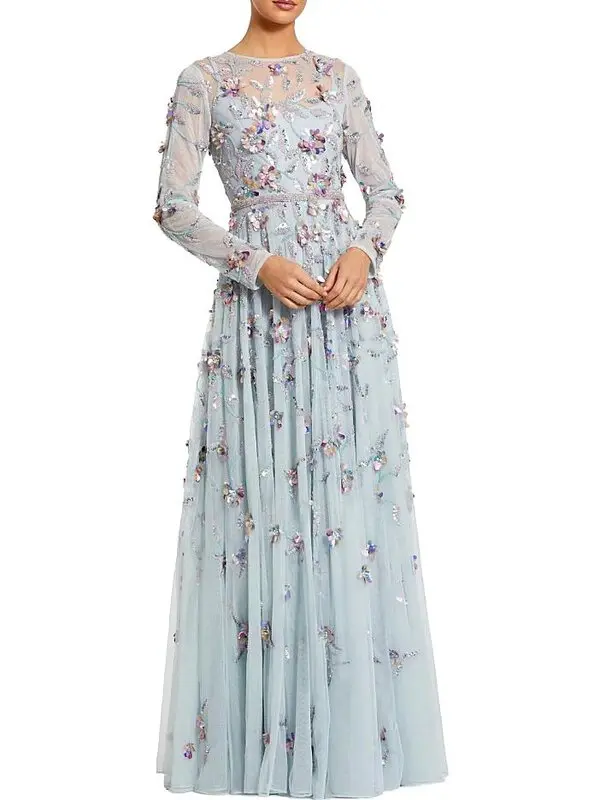 Mac Duggal Long Sleeve Floral Applique Mesh Gown - Seafoam Multi