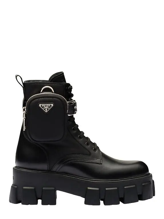 Prada Monolith Leather And Nylon Ankle Boots - Black