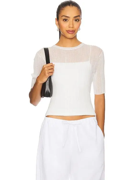 Vince Double Layer Rib Elbow Sleeve Top - Optic White