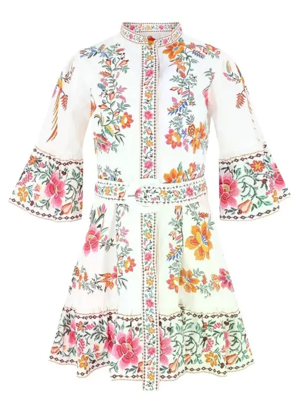 Farm Rio Floral-embroidered Belted Mini Dress - White