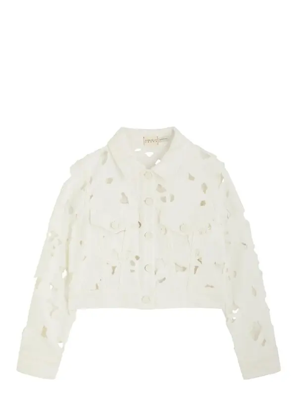 Alice + Olivia Floral-embroidered Cropped Denim Jacket - Off White