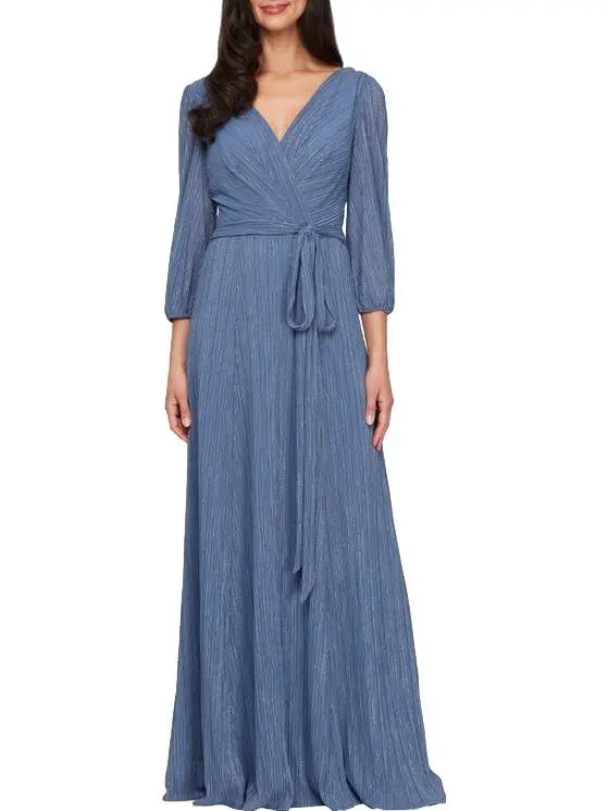 Alex Evenings Metallic Micro Pleated Mesh Gown - Dusty Blue