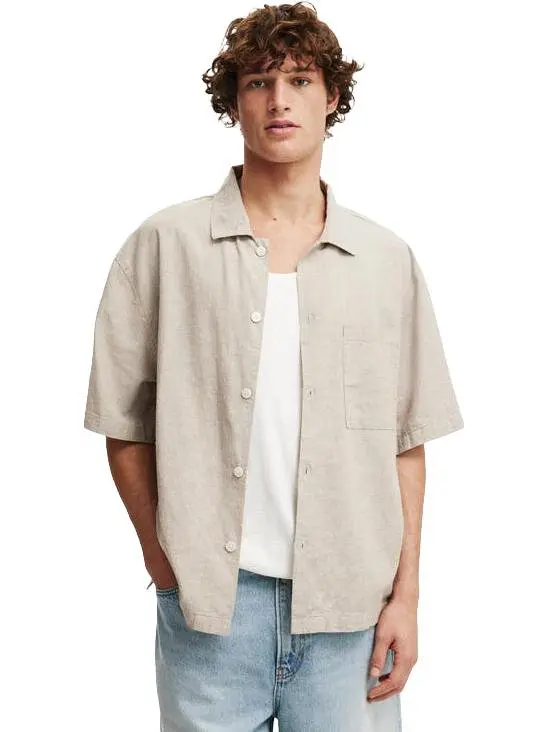 COTTON ON Eli Linen Blend Short Sleeve Shirt - Textured Oatmeal