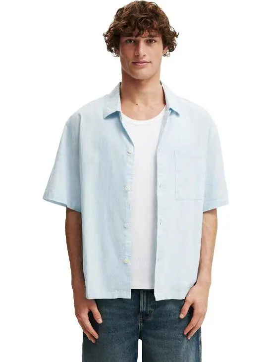 COTTON ON Eli Linen Blend Short Sleeve Shirt - Textured Summer Blue