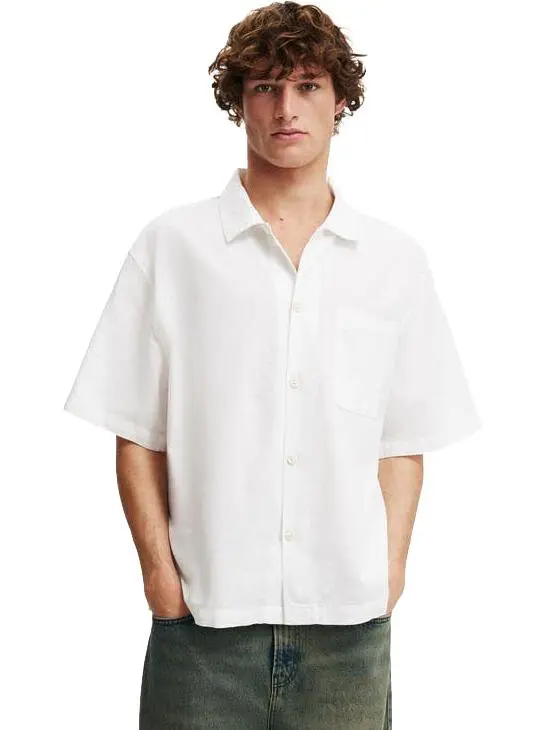 COTTON ON Eli Linen Blend Short Sleeve Shirt - Textured White