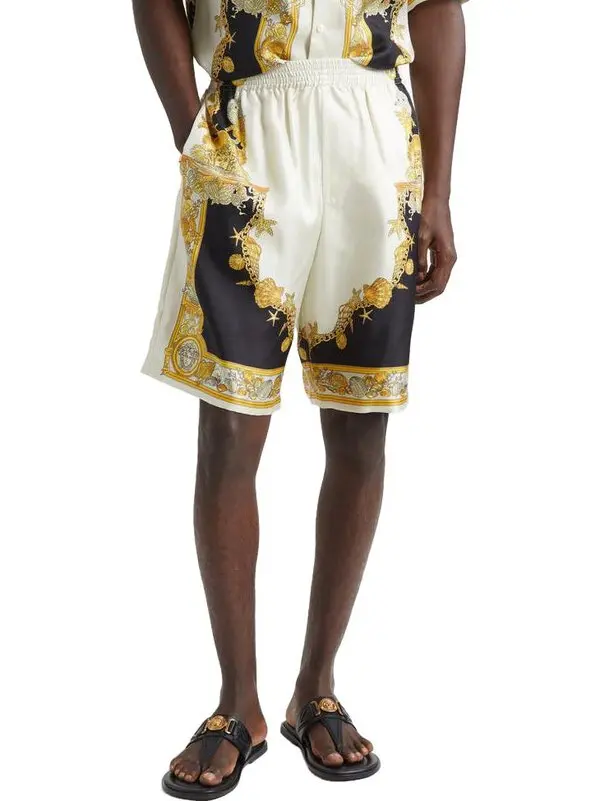 Versace Coral Theatre Silk Shorts - Ivory Black Gold