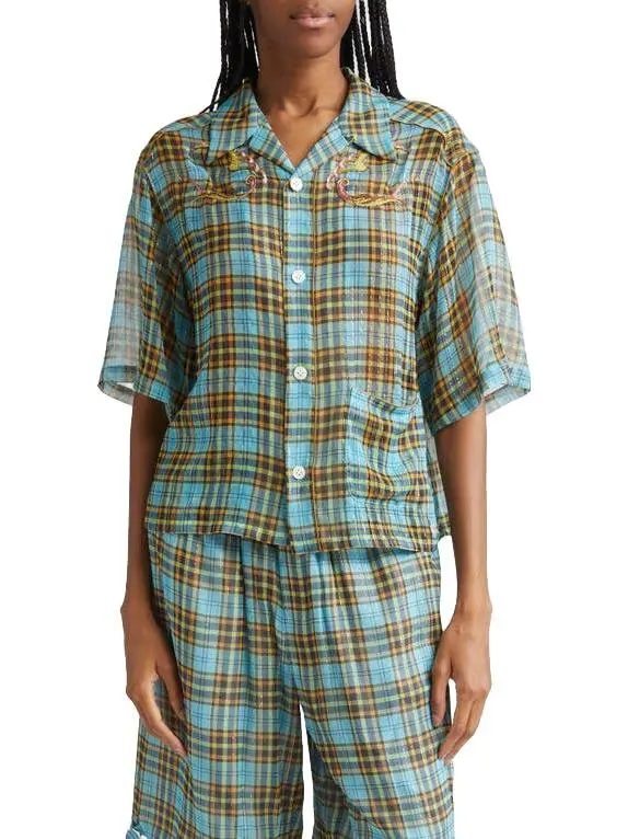 UNDERCOVERISM Metallic Stripe Plaid Silk Blend Camp Shirt - Blue Check