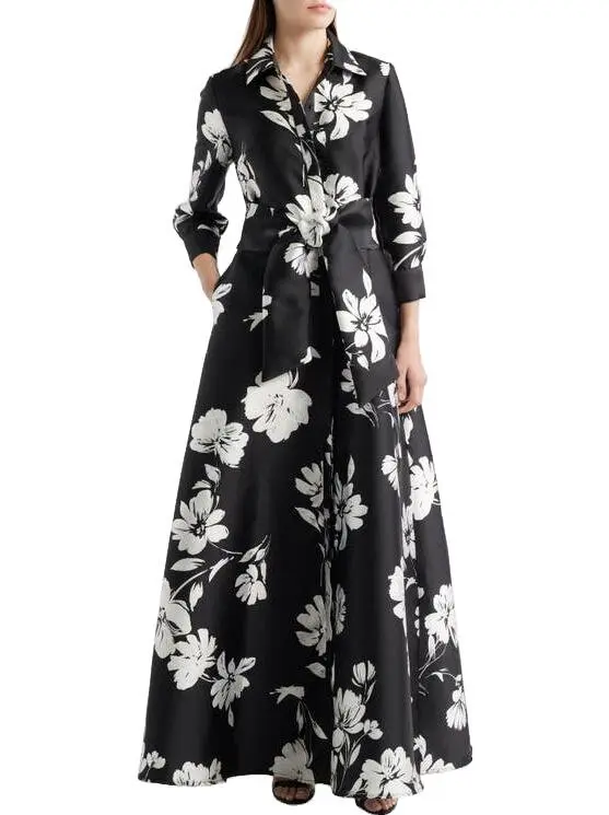 Julia Jordan Floral Print Maxi Shirtdress - Black White