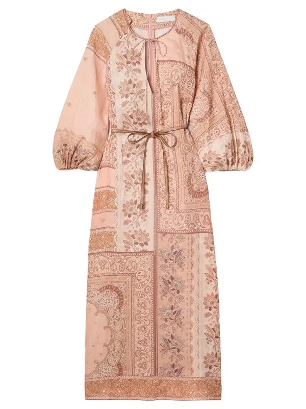 Zimmermann Lucky Leather-trimmed Belted Paisley-print Linen Midi Dress - Orange