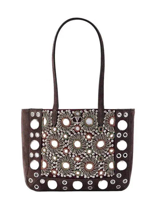 Valentino Garavani Nellcôte Embellished Suede Tote - Brown