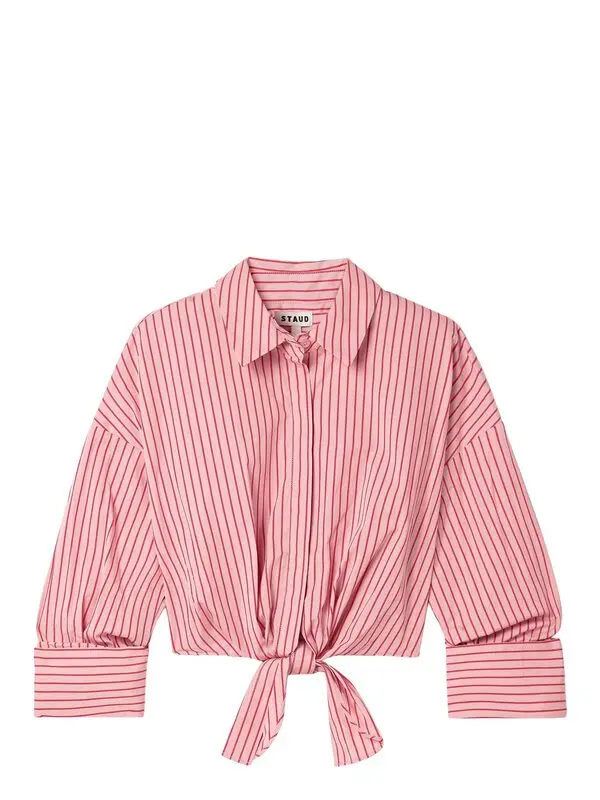 Staud Lisa Tie-front Cropped Striped Cotton-blend Poplin Top - Pink