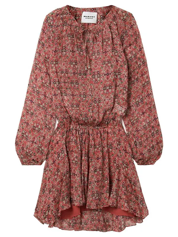 MARANT ETOILE Bess Gathe Printed Georgette Mini Dress - Red