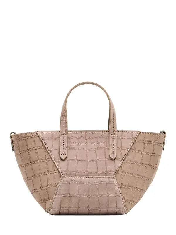 Brunello Cucinelli Mini Croc-embossed Suede Shopper Tote - Taupe