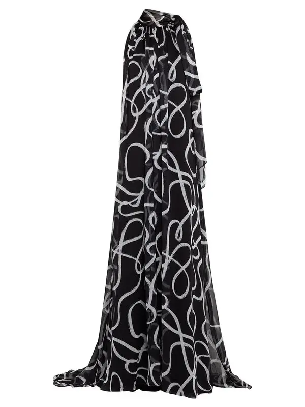 Halston Lyle Brushstroke-print Chiffon Halter Gown - Black Ribbon