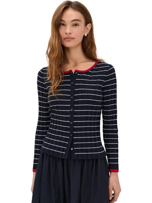 ALEX MILL Ribbed Knit Striped Cardigan - Navy/ivory