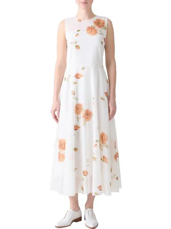 Akris Poppy Print Cotton Midi Dress - Ecru-terra
