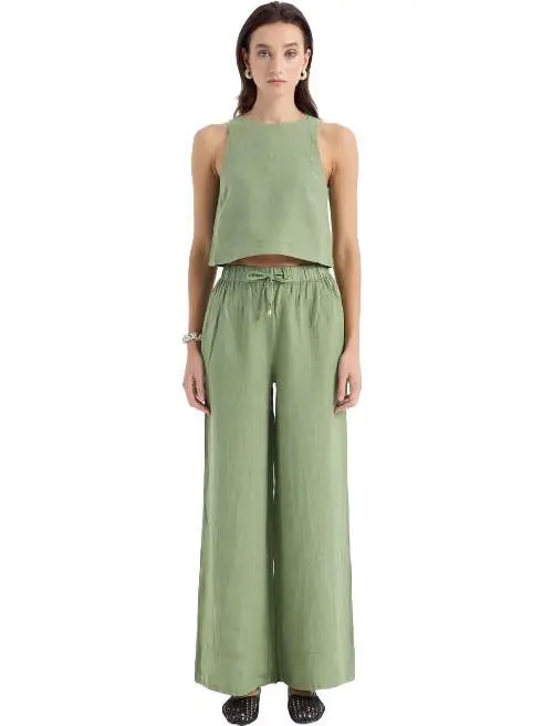MONLICIA Ciel 100% Linen Wide-leg Pants - Ciel Green